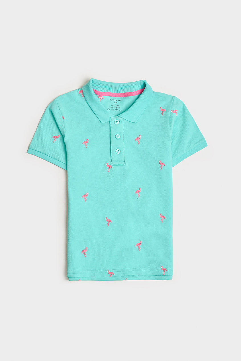 Boys' Sky Blue Flamingo Polo Shirt - Cotton – Pebbles
